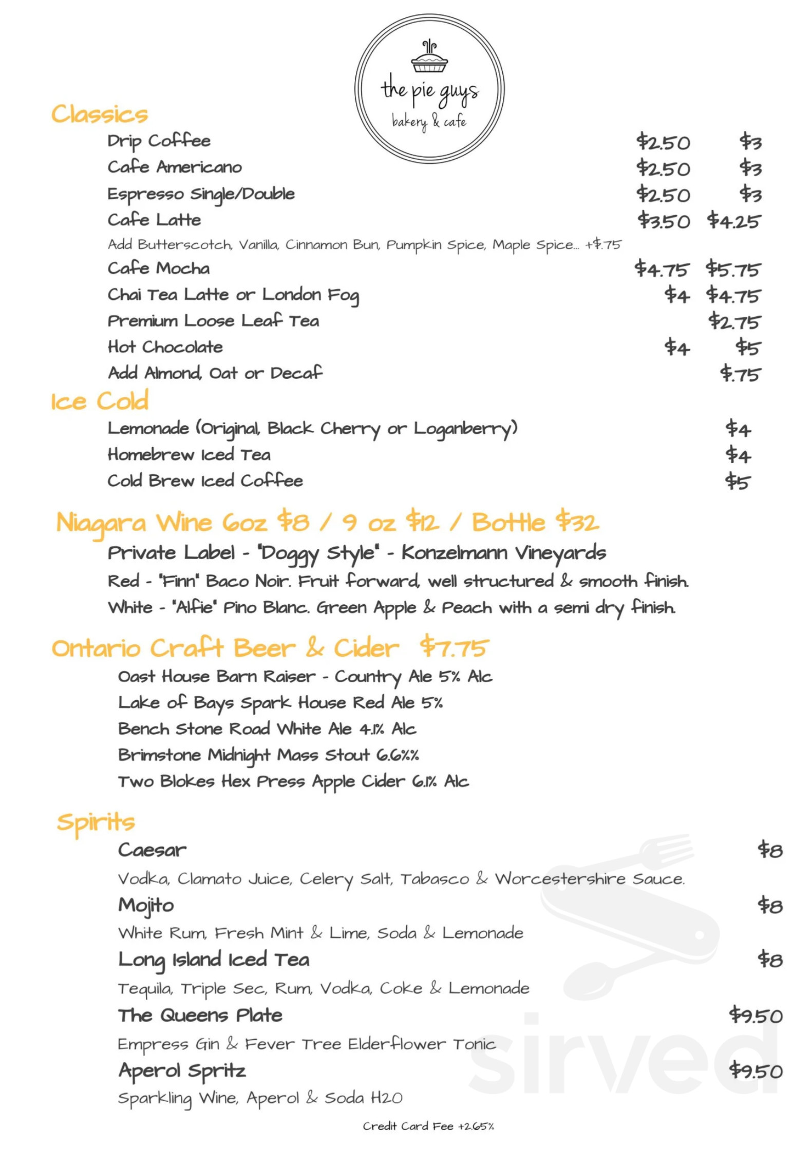 Menu for The Pie Guys Bakery & Cafe in Port Colborne, ON | Sirved