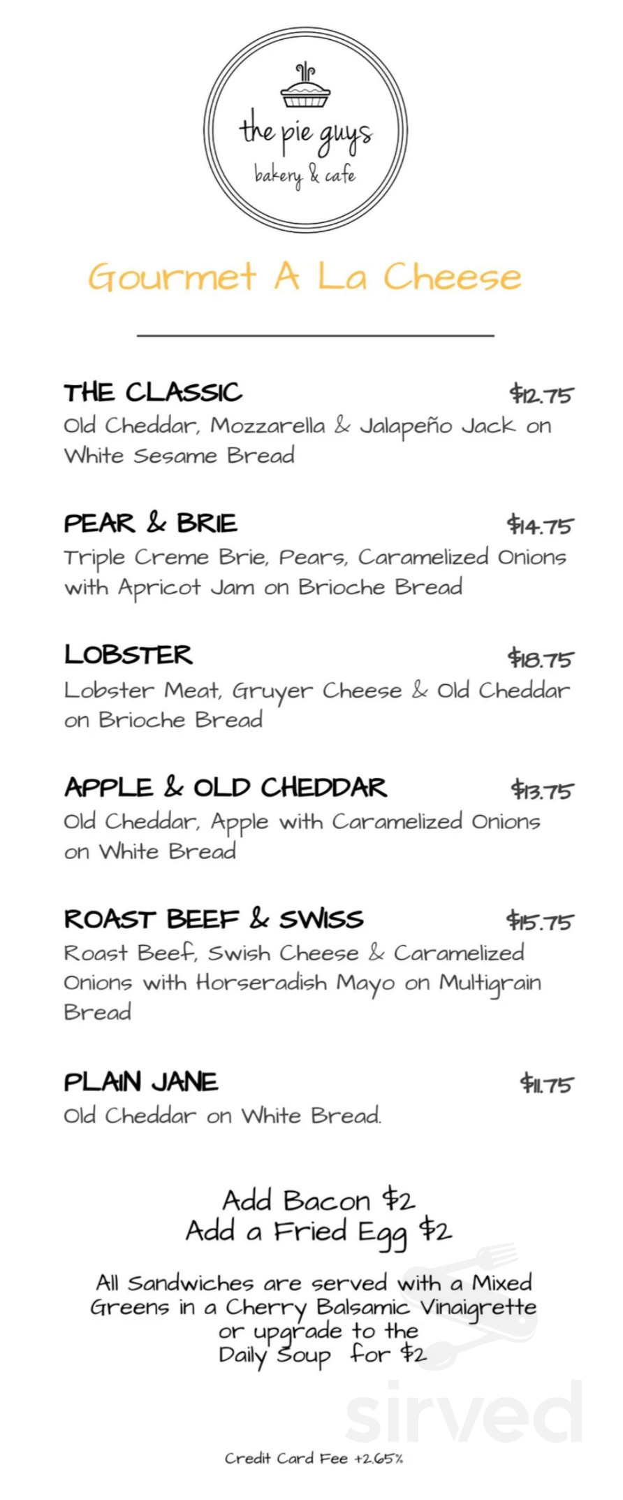Menu for The Pie Guys Bakery & Cafe in Port Colborne, ON | Sirved