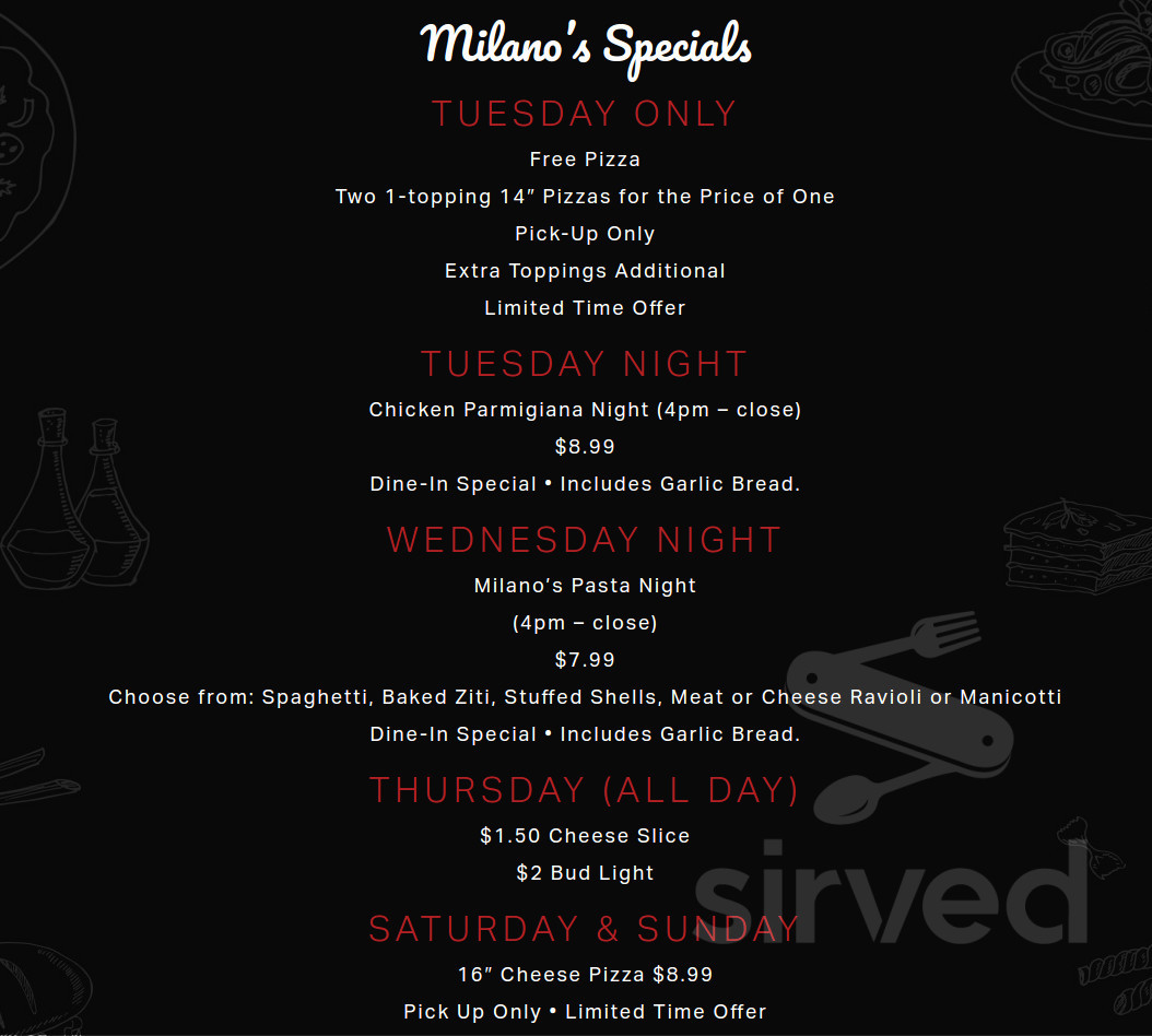 Milano's Italian Restaurant Pizza and Bar menu in Jacksonville, Florida ...