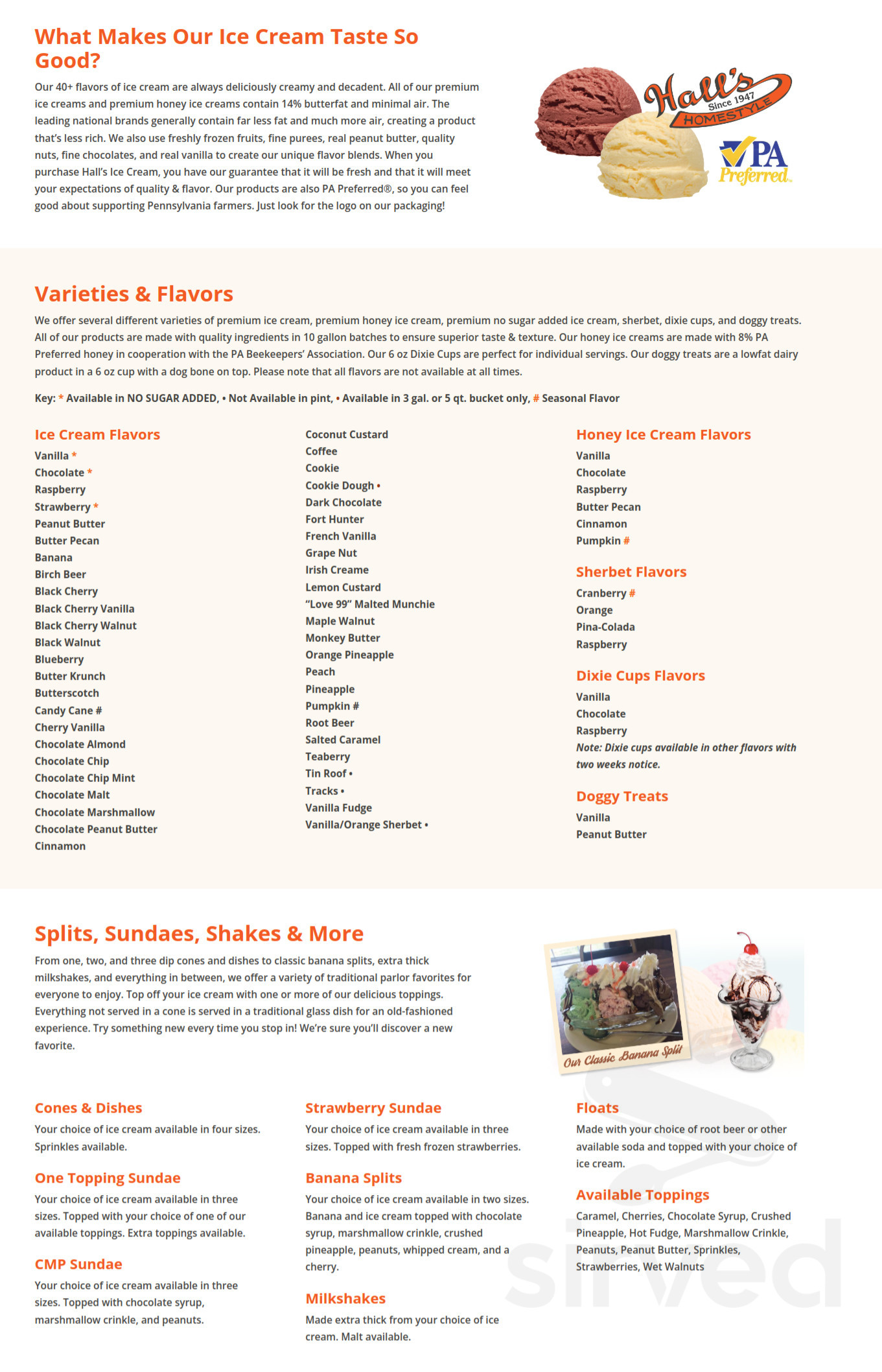 Menu - Millerstown PA's Hall's Ice Cream | Sirved