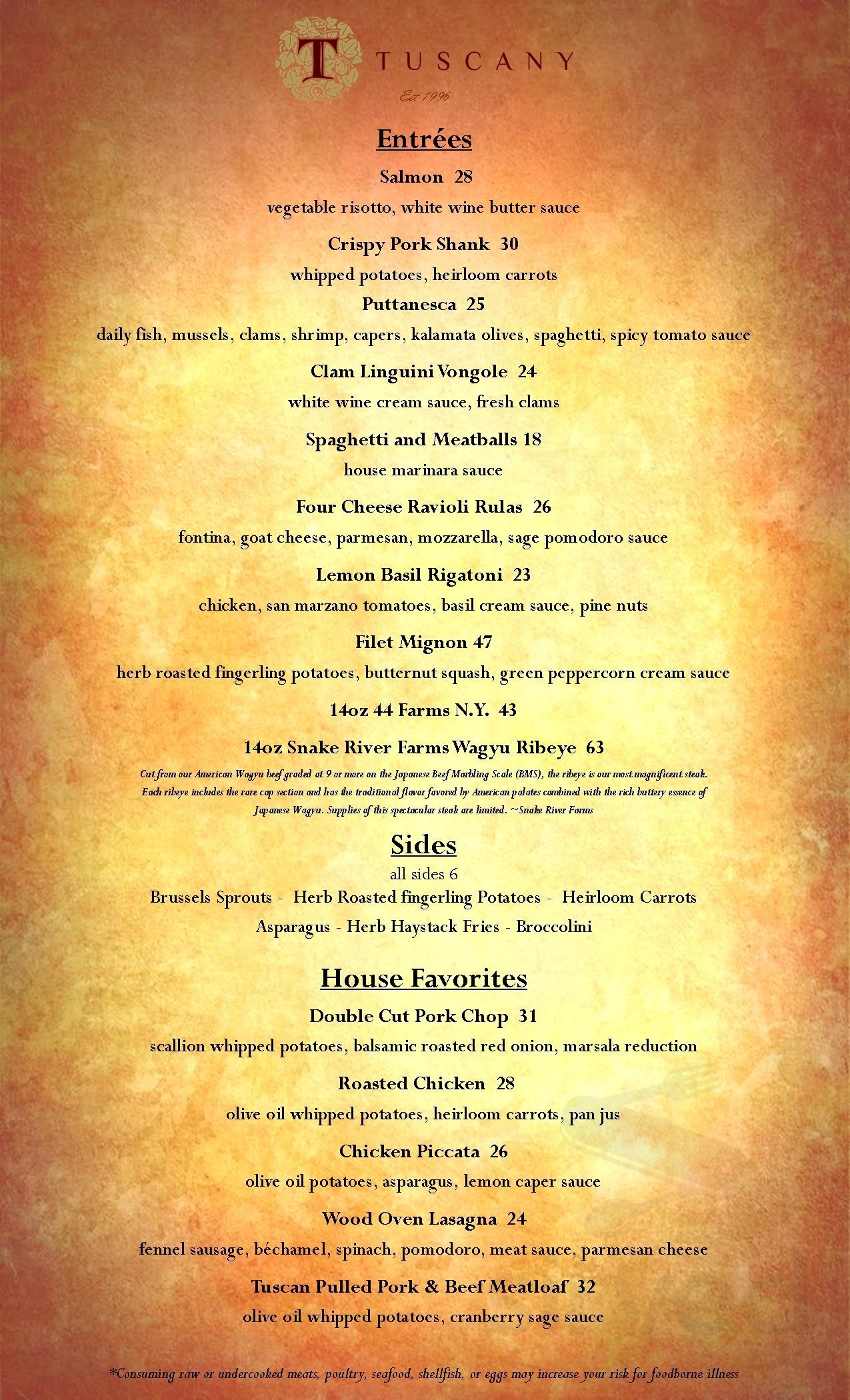Tuscany Restaurant menu in Salt Lake City, Utah, USA