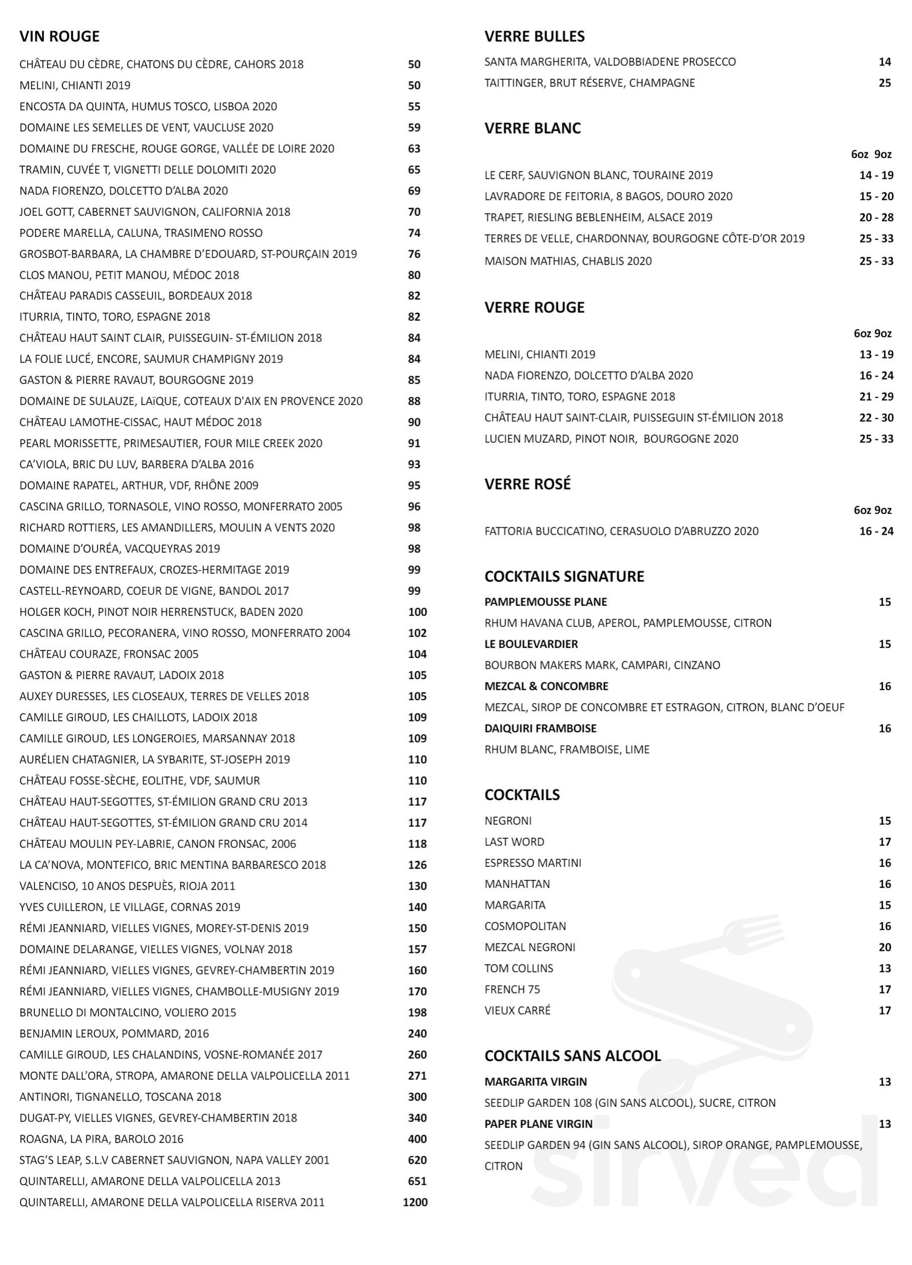 Le Boulevardier Restaurant menu in Montreal, Quebec H3A 1Y9, Canada