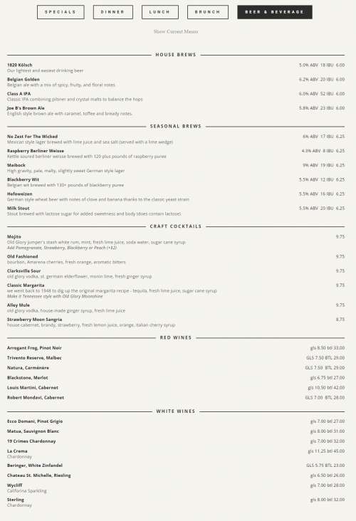 Upstairs at Strawberry Alley menu in Clarksville, Tennessee, USA