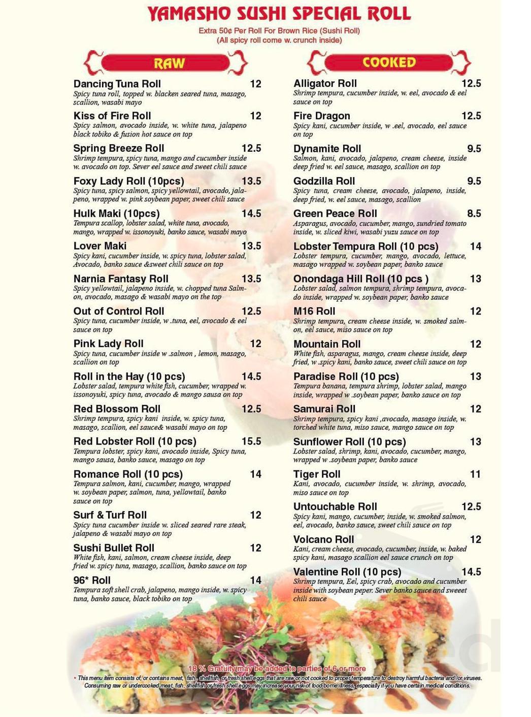 Yamasho sushi steakhouse menu in Syracuse, New York, USA