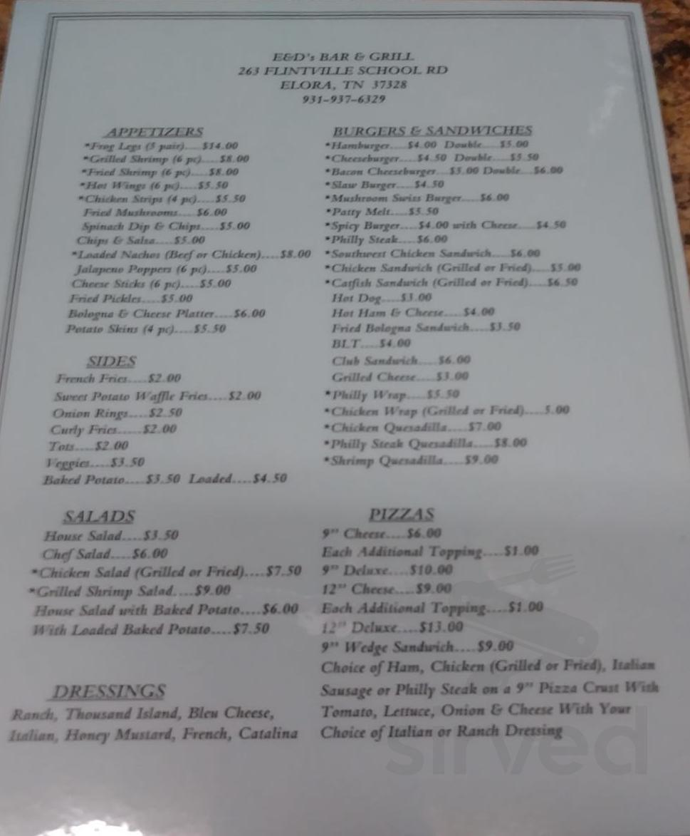 E & D Bar and Grill menu in Elora, Tennessee, USA