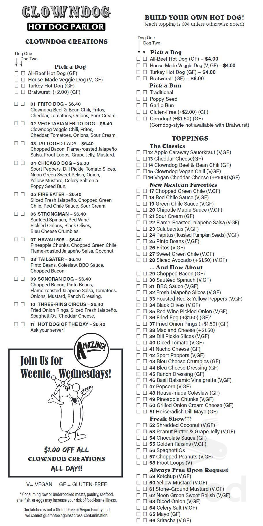 Menu - Albuquerque NM's Clowndog Hot Dog Parlor | Sirved