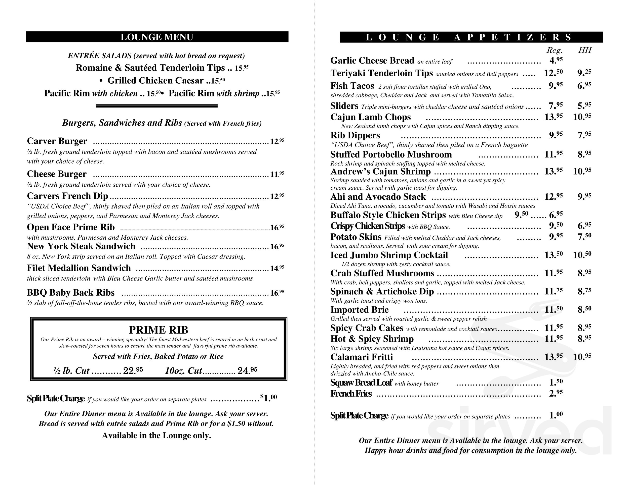 Carvers Steaks & Chops menu in San Diego, California, USA