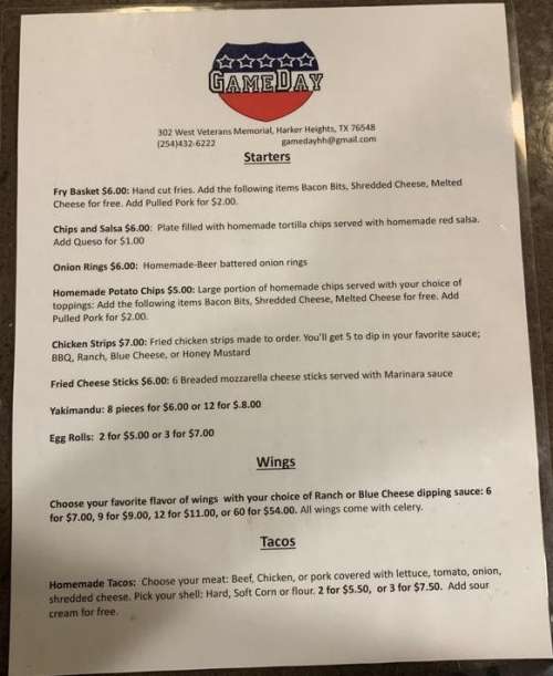 GameDay Sports Bar and Grill menu in Harker Heights, Texas, USA