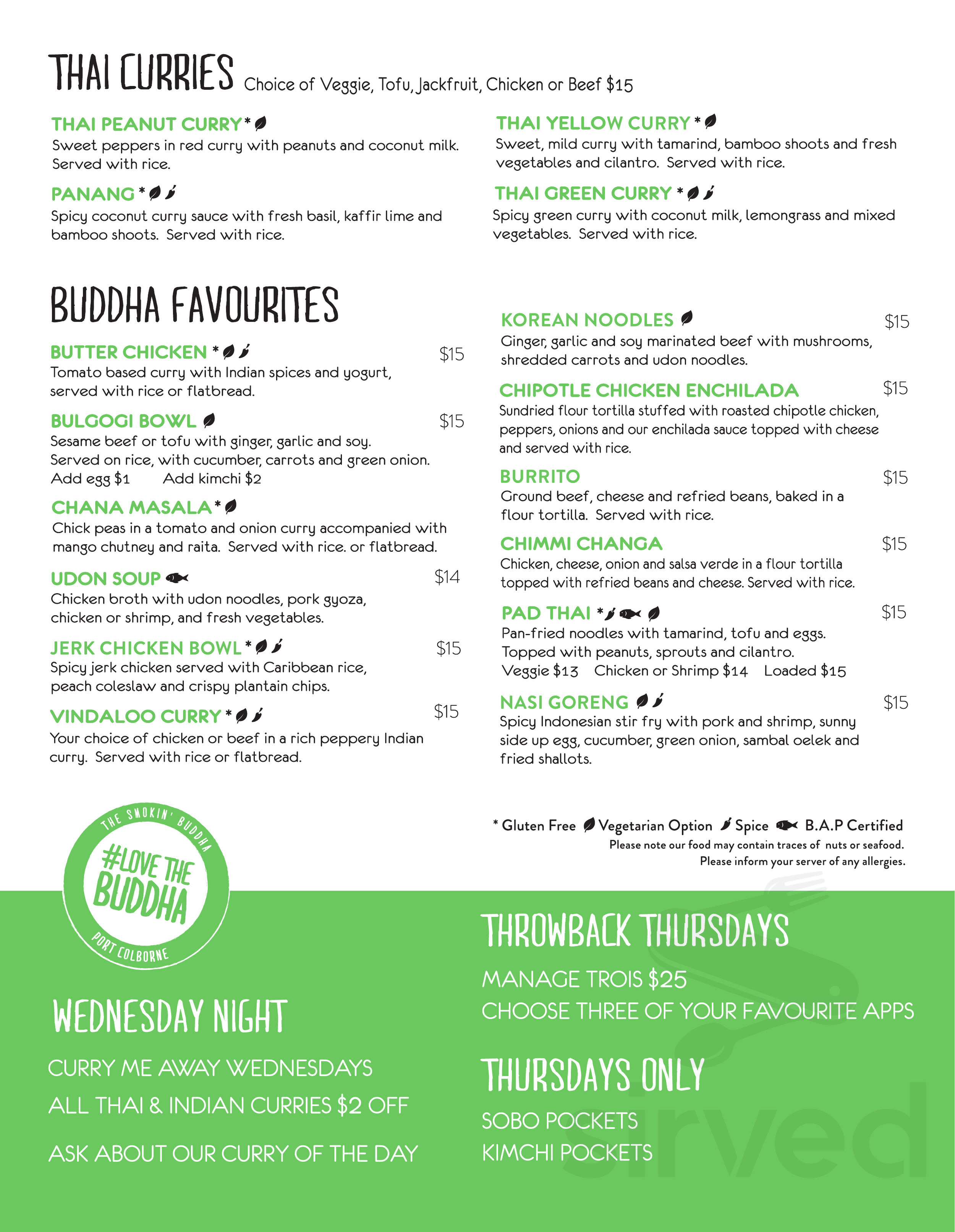 Menu - Port Colborne ON's The Smokin' Buddha | Sirved