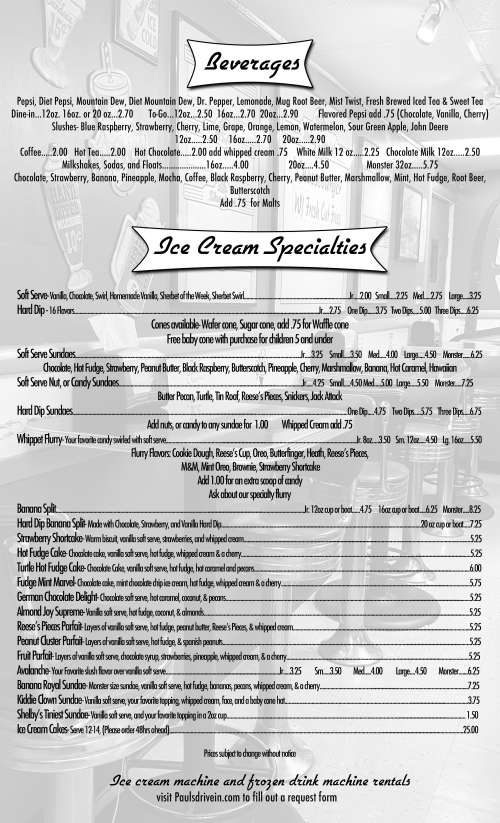 Paul's Drive In menu in Shelby, Ohio, USA