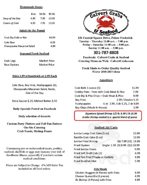 Calvert Crabs & Seafood menu in Prince Frederick, Maryland, USA