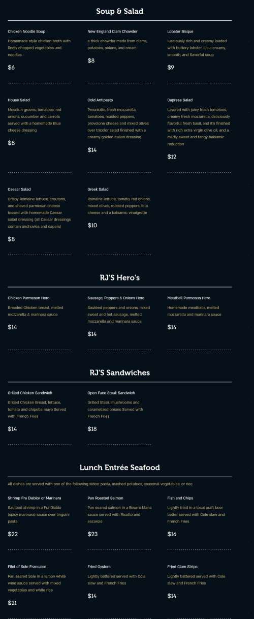 RJ'S RESTAURANT SEAFOOD/CHOPS/PASTA menu in Pittsfield, Massachusetts, USA