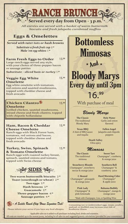 Saddle Ranch Chop House menu in West Hollywood, California, USA