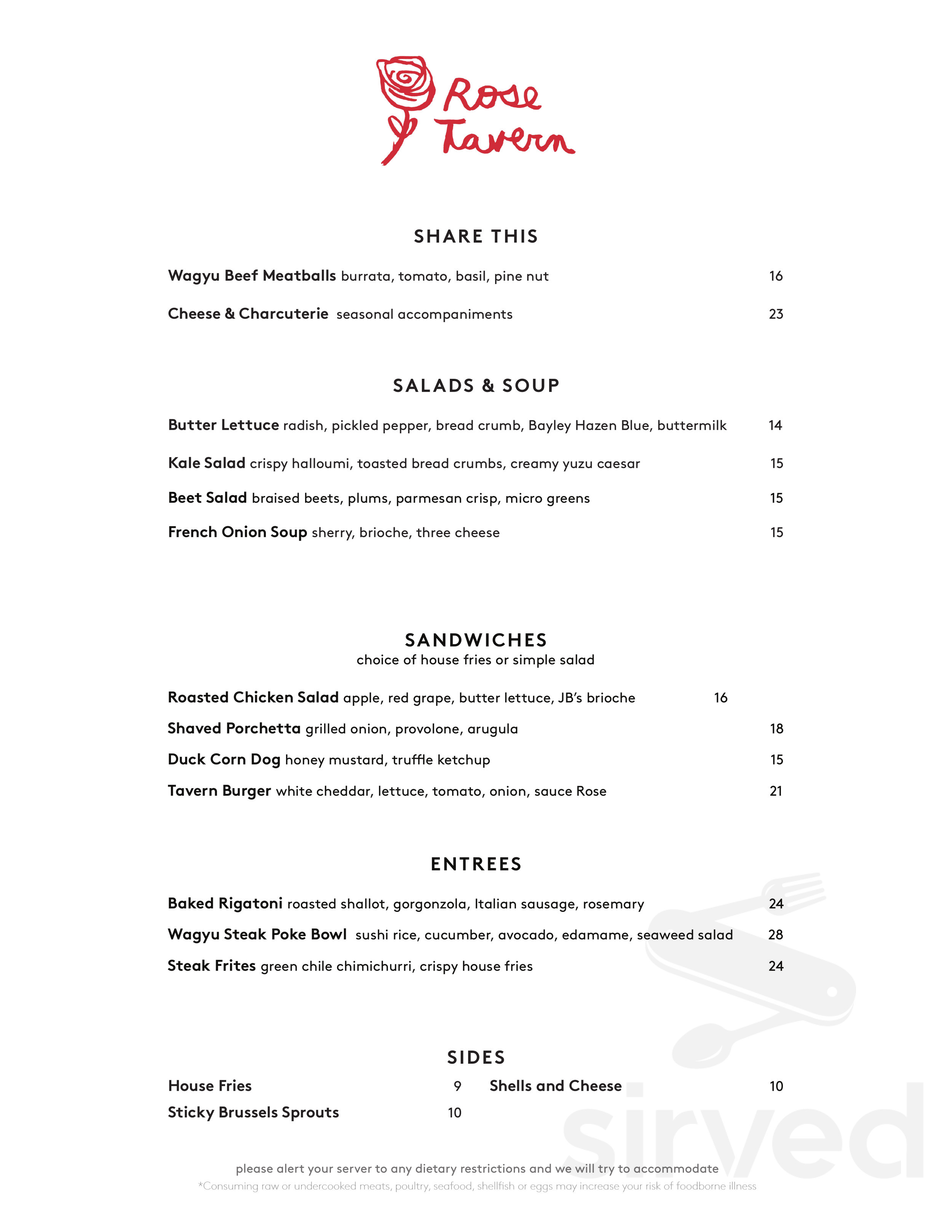 Rose Tavern menu in Canandaigua, New York, USA