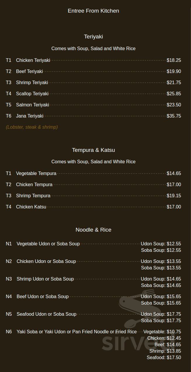 JANA STEAKHOUSE menu in St Johns, Florida, USA