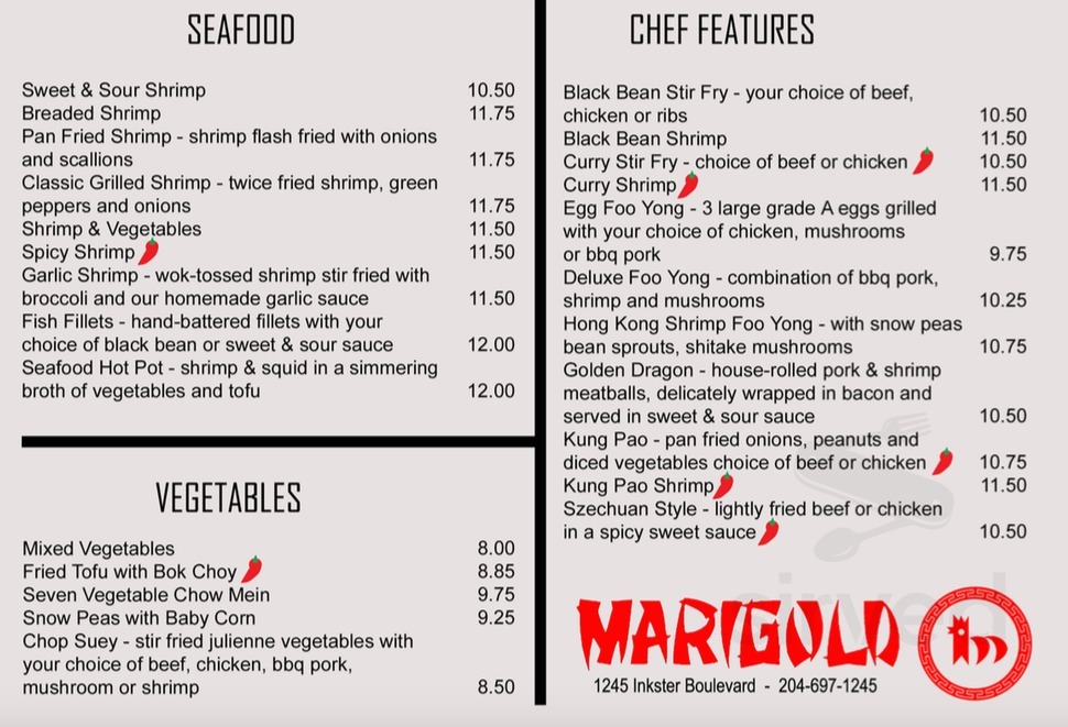 Marigold Restaurant menu in Winnipeg, Manitoba, Canada