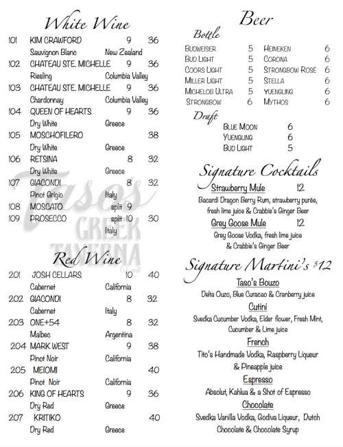 Taso's Greek Taverna & Bar menu in Delray Beach, Florida, USA