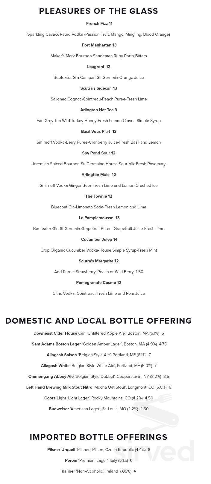 Scutra menu in Arlington, Massachusetts, USA