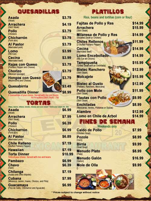 Eva's Mexican Restaurant menu in Buffalo Grove, Illinois, USA