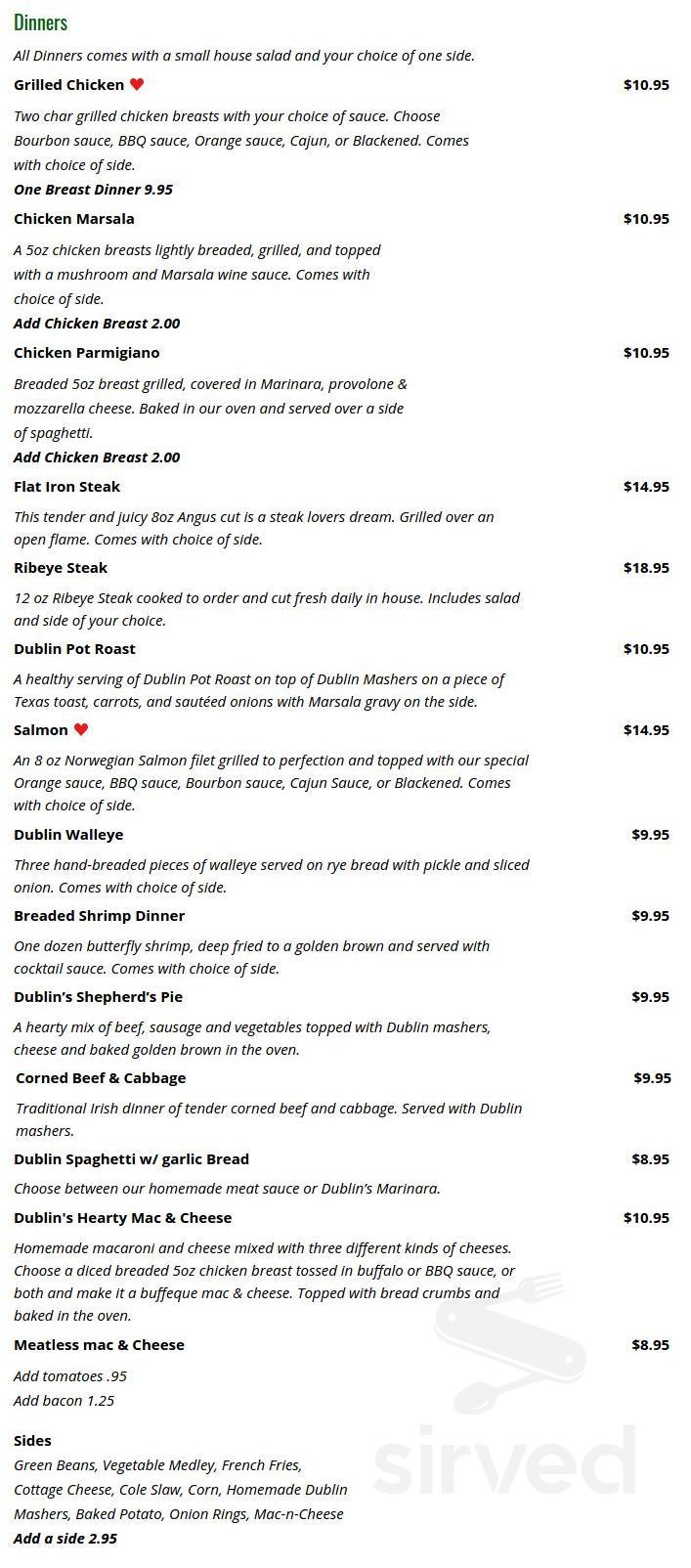 Menu - Springfield IL's The Dublin Pub | Sirved
