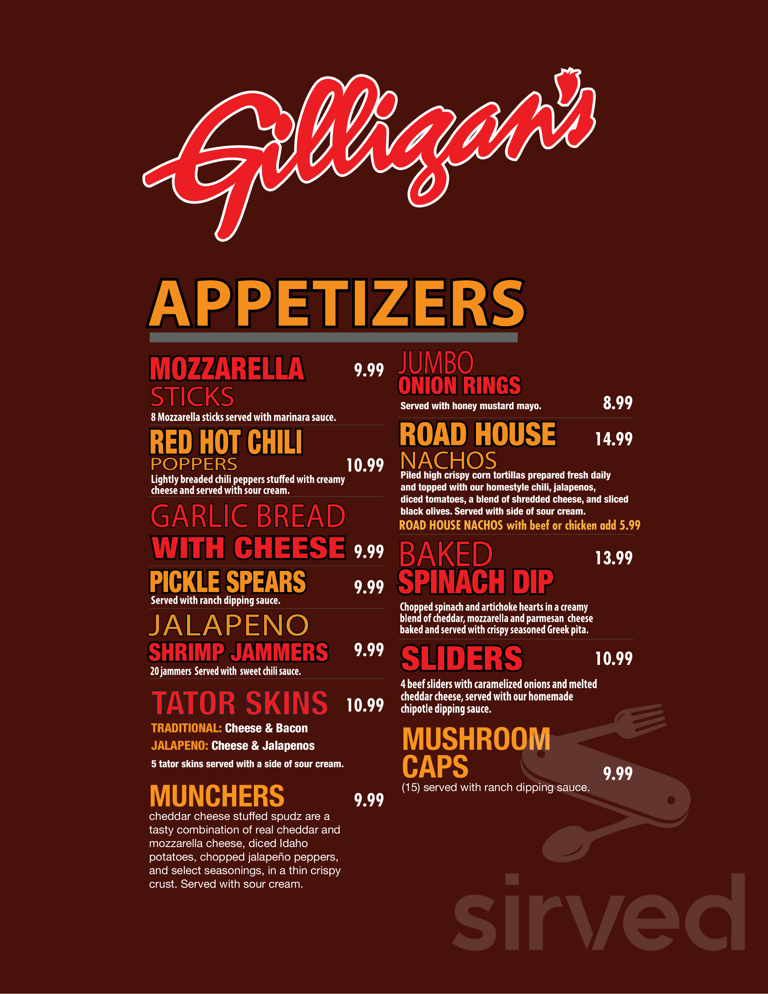 Gilligan's menu in Windsor, Ontario, Canada