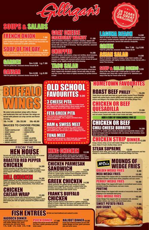 Gilligan's menu in Windsor, Ontario, Canada