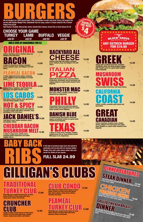 Gilligan's menu in Windsor, Ontario, Canada