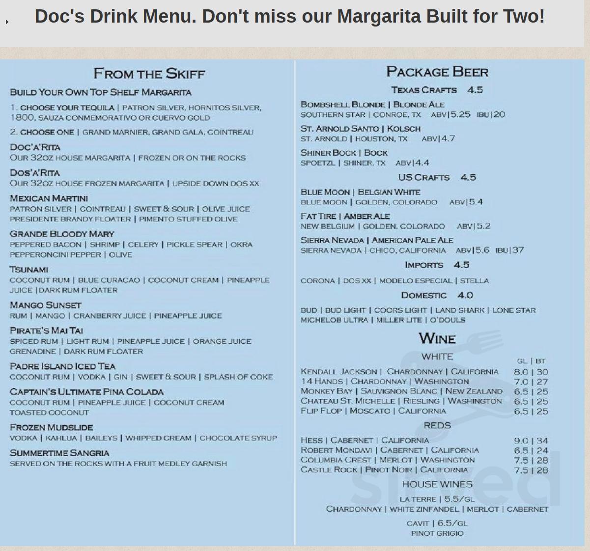 Doc's Seafood and Steaks menu in Corpus Christi, Texas, USA