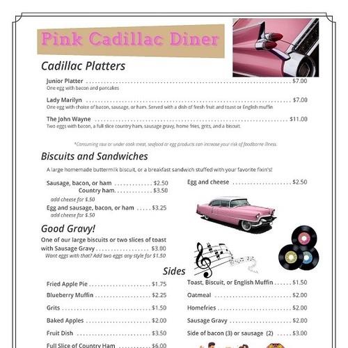The Pink Cadillac Diner menu in Natural Bridge, Virginia, USA