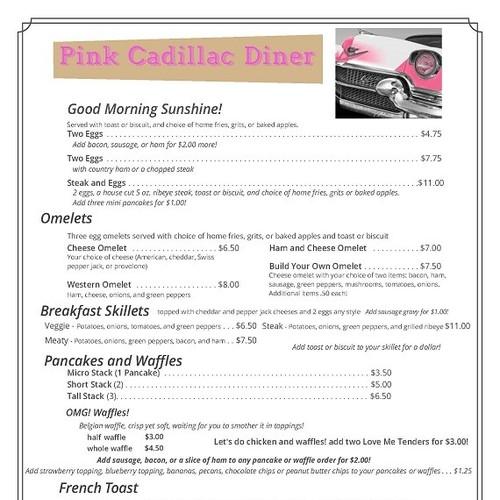 The Pink Cadillac Diner menu in Natural Bridge, Virginia, USA