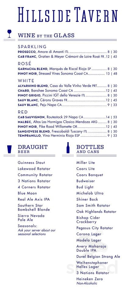 Hillside Tavern menu in Dallas, Texas, USA