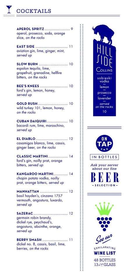 Hillside Tavern menu in Dallas, Texas, USA