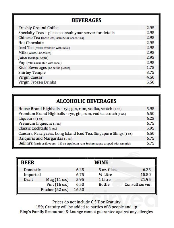 Menu for Bing’s Family Restaurant in Spruce Grove, AB | Sirved