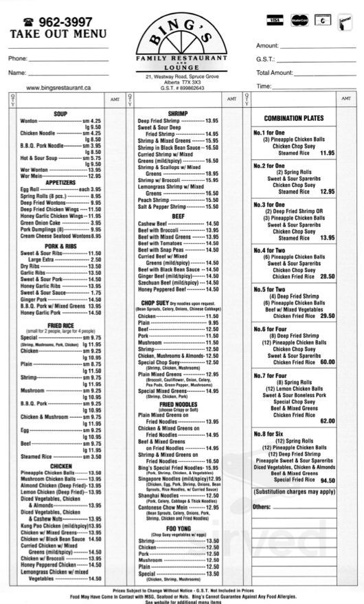 Bing's Family Restaurant menu in Spruce Grove, Alberta, Canada
