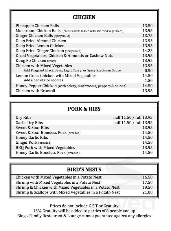 Bing's Family Restaurant menu in Spruce Grove, Alberta, Canada