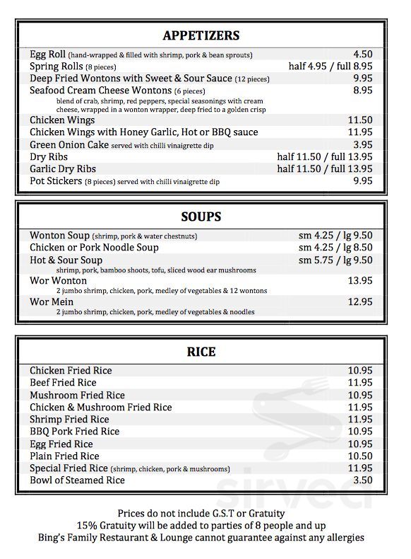 Bing's Family Restaurant menu in Spruce Grove, Alberta, Canada