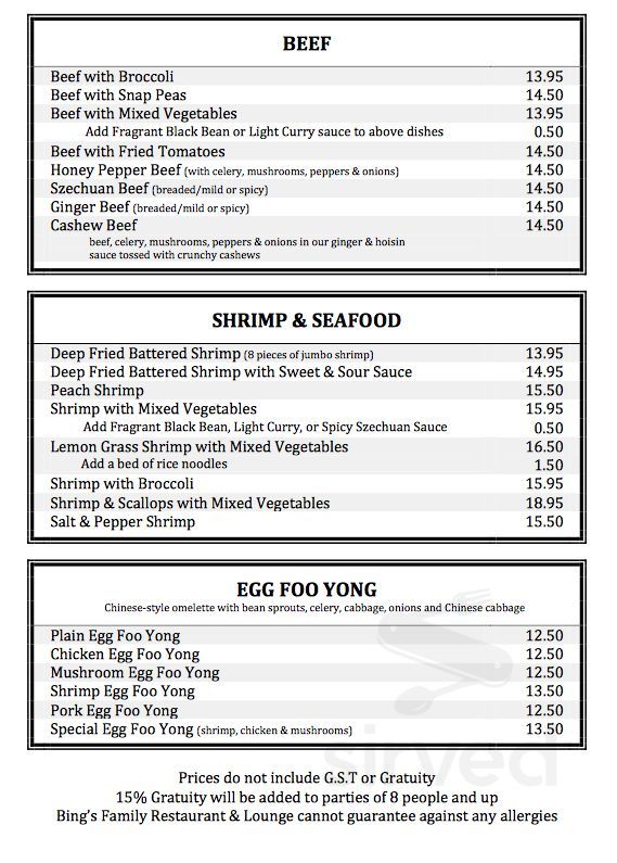 Bing’s Family Restaurant menus in Spruce Grove, Alberta, Canada