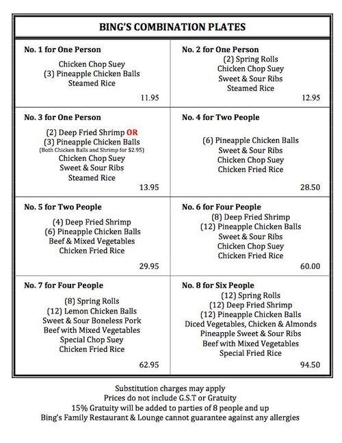 Bing's Family Restaurant menu in Spruce Grove, Alberta, Canada