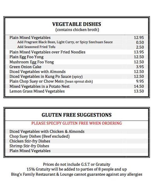 Bing's Family Restaurant menu in Spruce Grove, Alberta, Canada