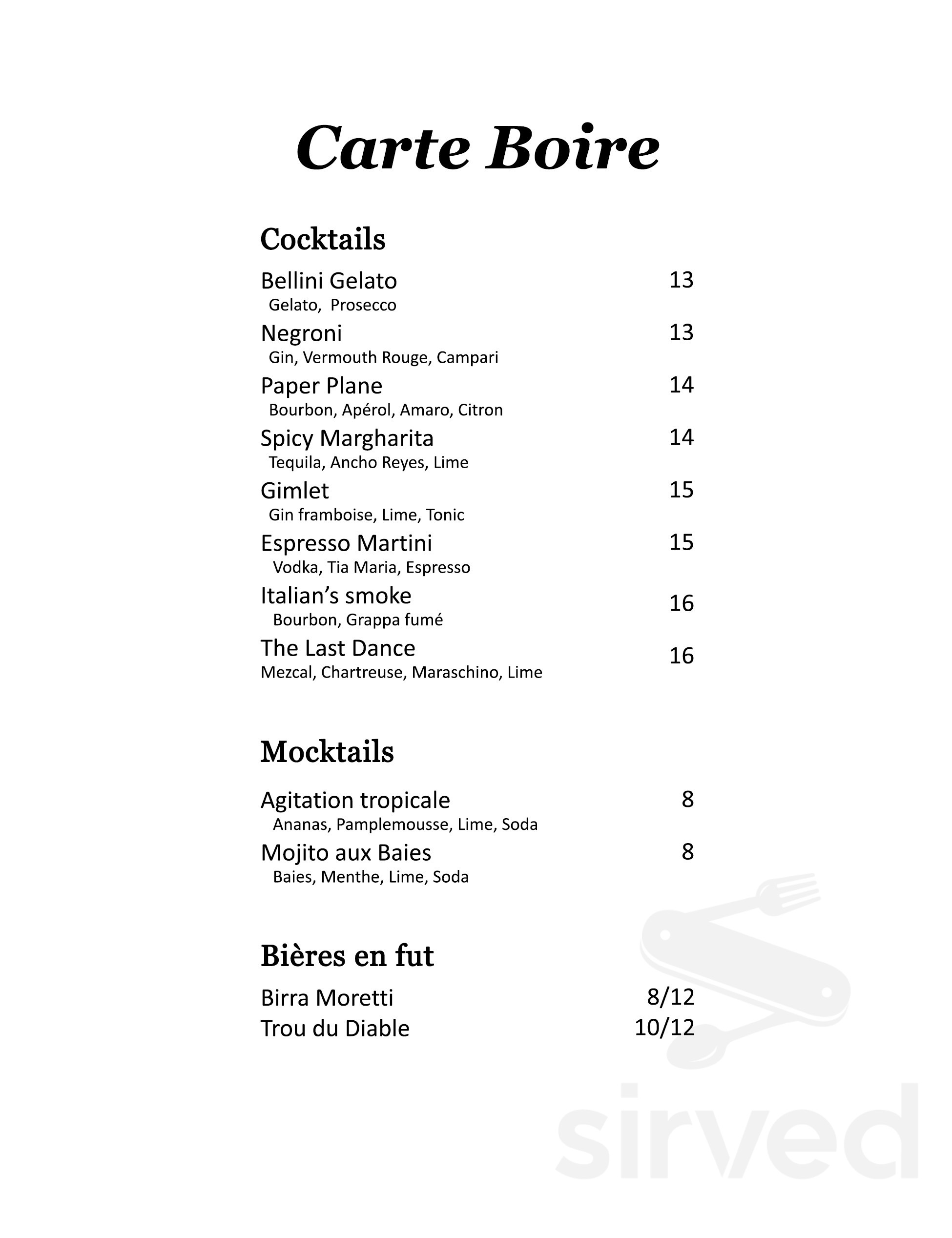 Restaurant Tonino menu in Québec, Quebec, Canada