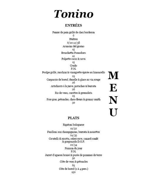 Restaurant Tonino menu in Québec, Quebec, Canada