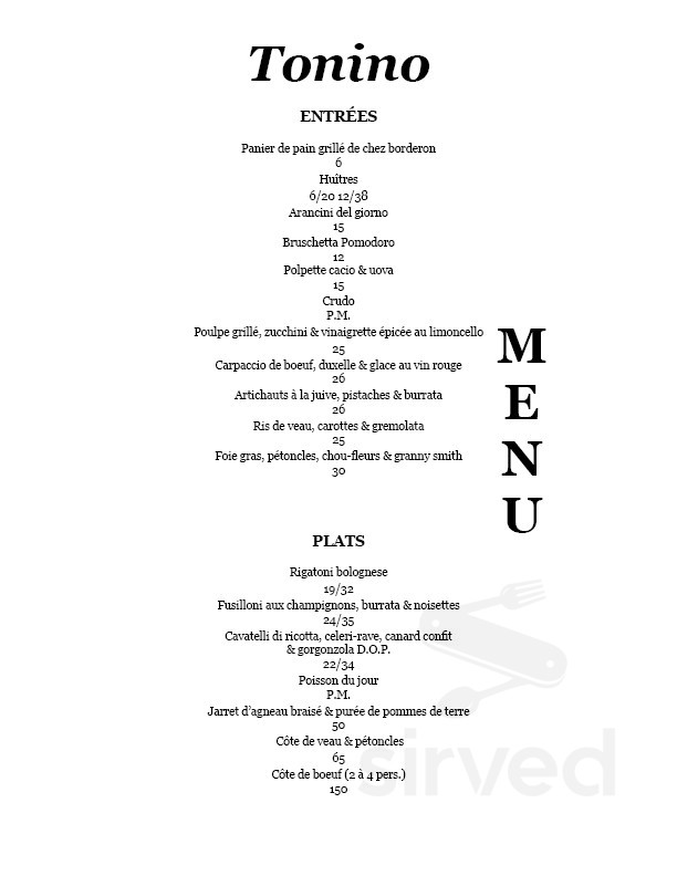 Restaurant Tonino menu in Québec, Quebec, Canada