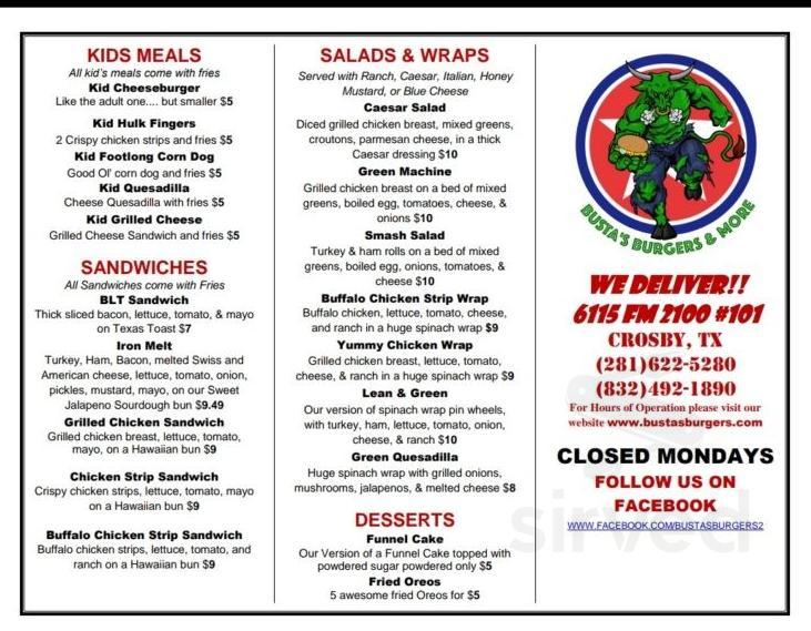Busta's Burgers & More CROSBY menus in Crosby, Texas, United States