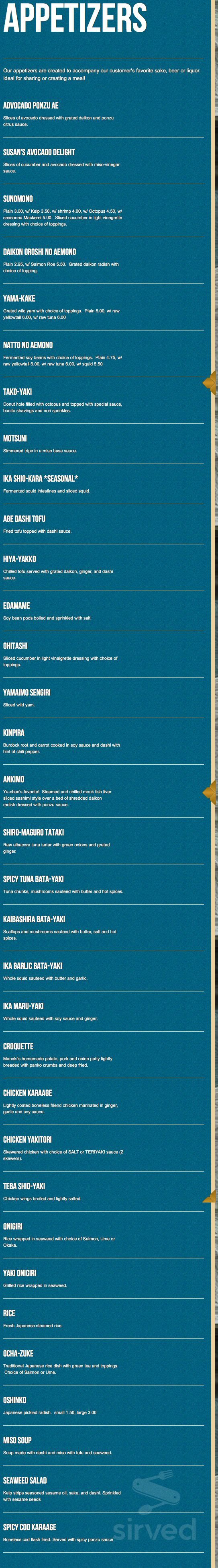 Menu - Seattle WA's Maneki Restaurant | Sirved