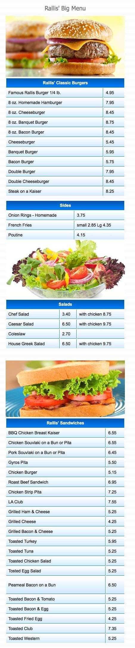 Rallis Burger Family Restaurant menu in Bridgenorth, Ontario, Canada