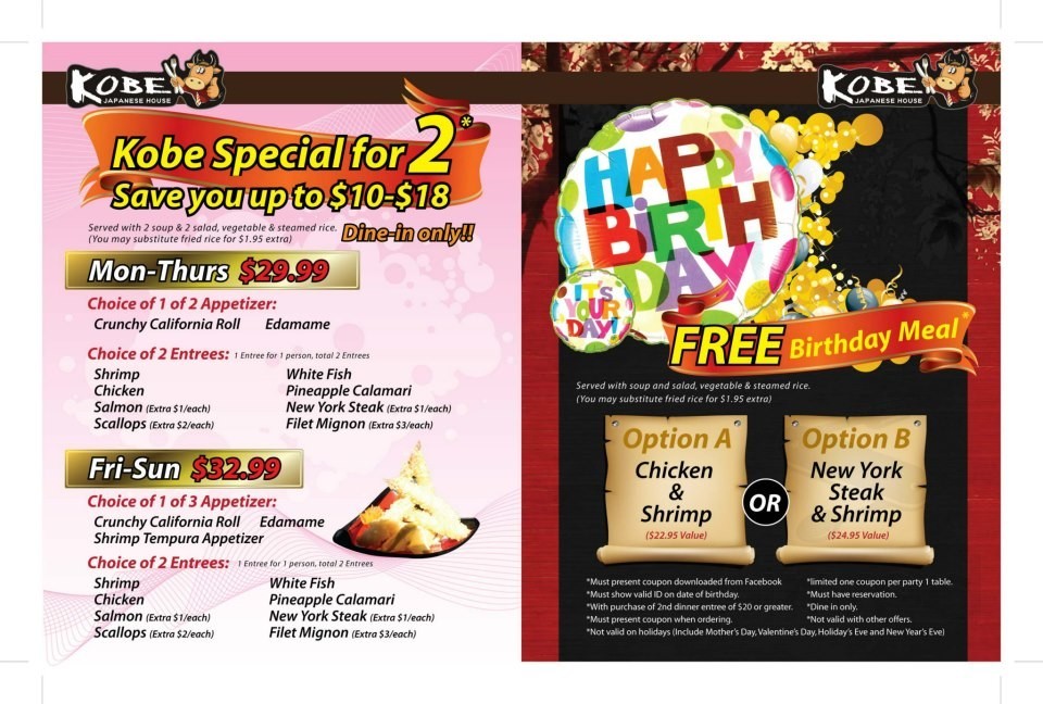 Kobe Japanese House menu in Rancho Cucamonga, California, USA