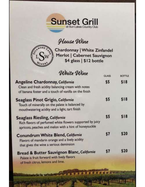 Mulligan's menu in Sun Lakes, Arizona, USA