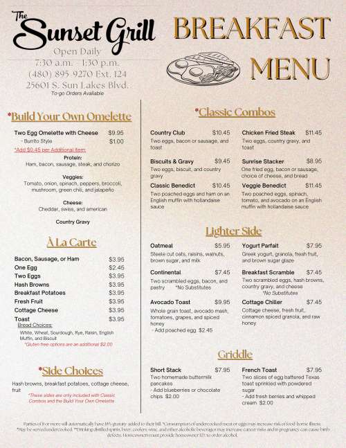 Mulligan's menu in Sun Lakes, Arizona, USA