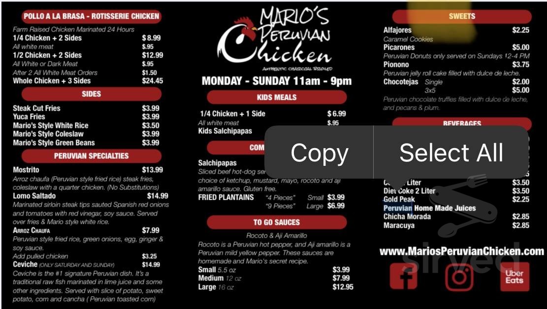 Mario's Peruvian Chicken menu in Mt Pleasant, South Carolina, USA