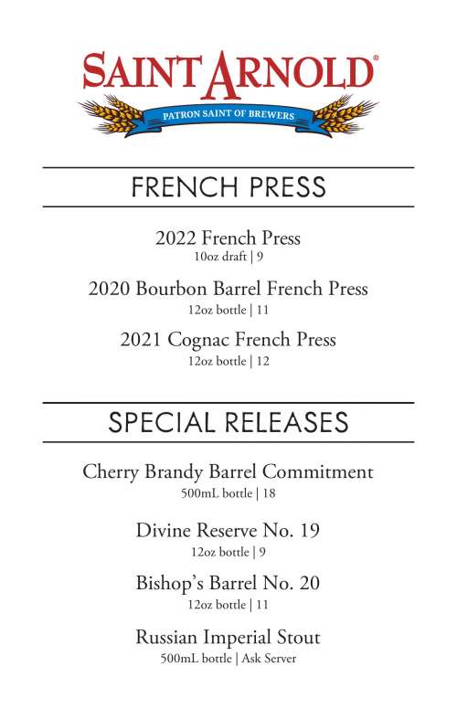 Saint Arnold Beer Garden menu in Houston, Texas, USA